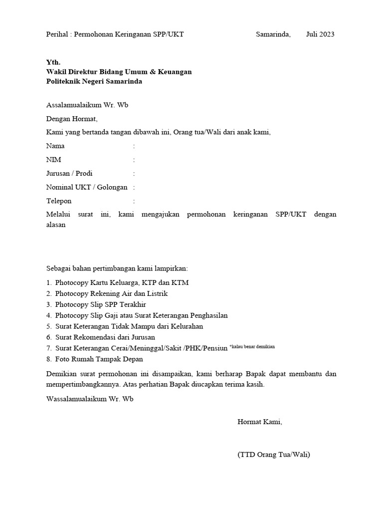 Permohonan Keringanan SPP Politeknik | PDF | Hukum