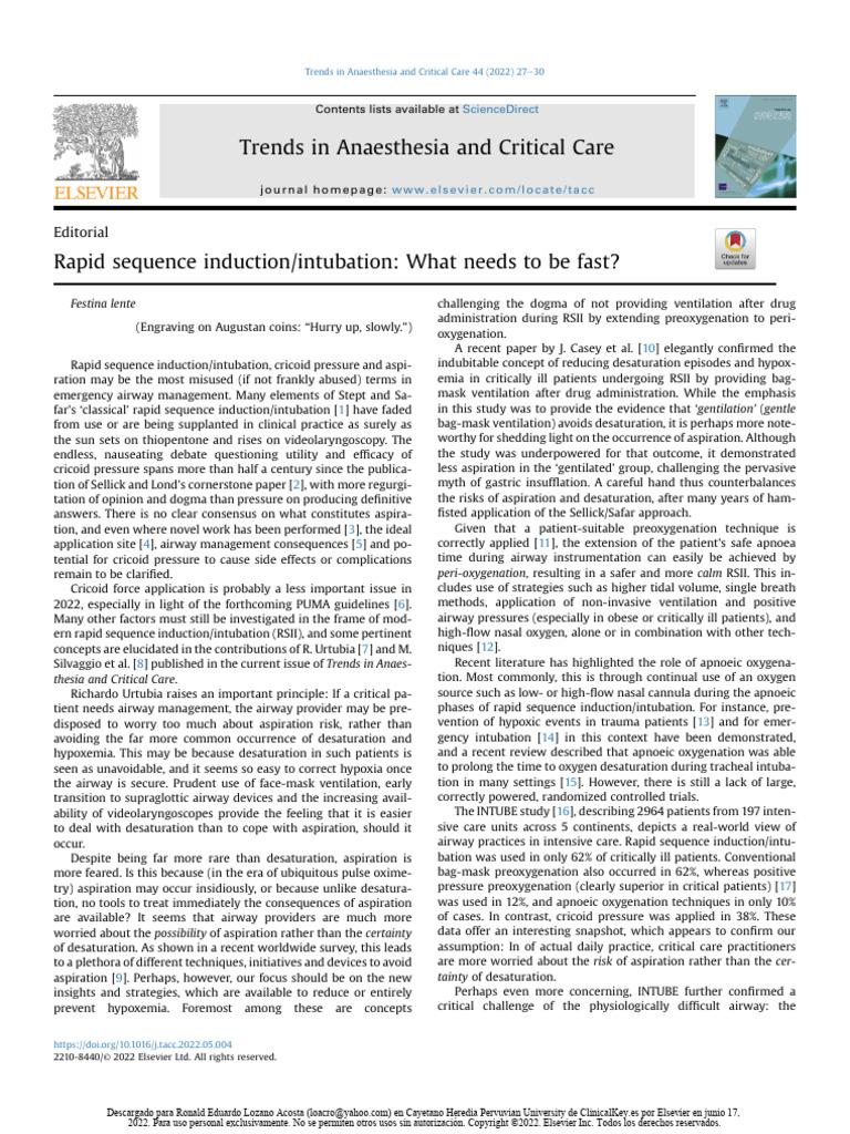 Rapid Sequence Induction-Intubation What Needs To Be Fast | PDF ...