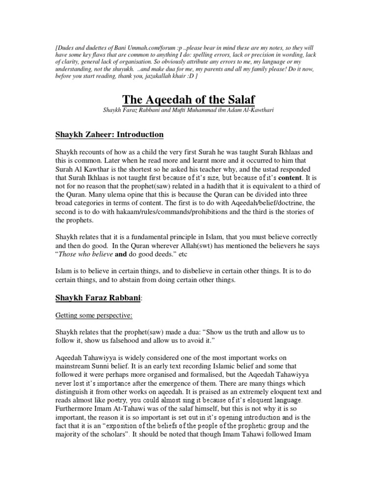 Aqeedah of Salaf: Key Principles | PDF | God In Islam | Quran
