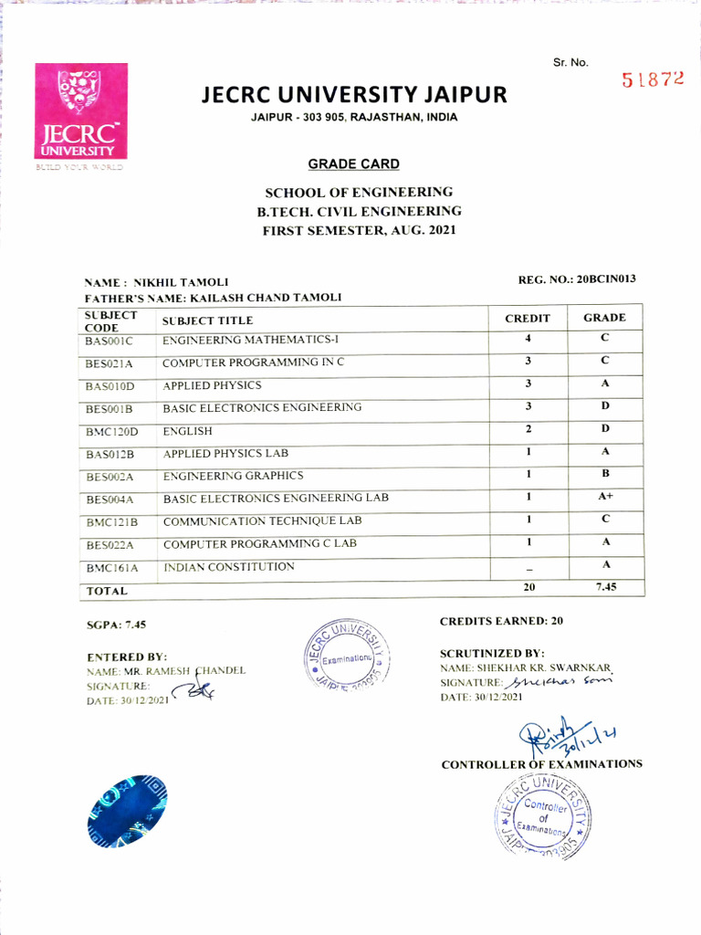 JECRC University Grade Card Overview | PDF | Computer Science | Engineering