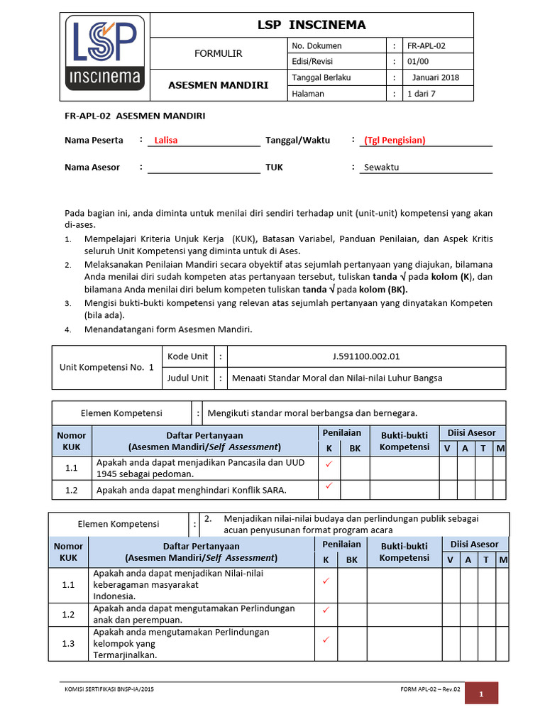 Contoh Pengisian APL 02 | PDF