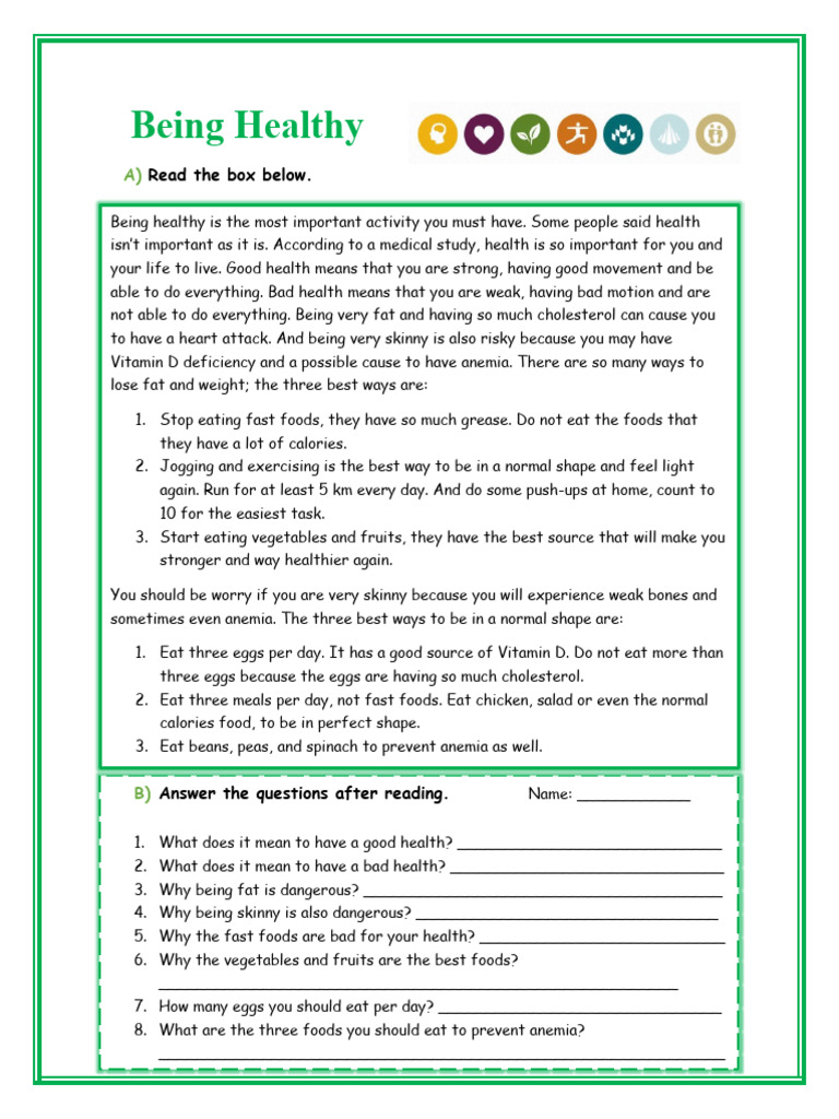 Reading Comprehension Being Healthy Reading Comprehension Exercises ...
