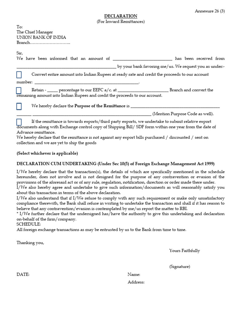 Declaration For Inward Remittance | PDF | Business | Economies