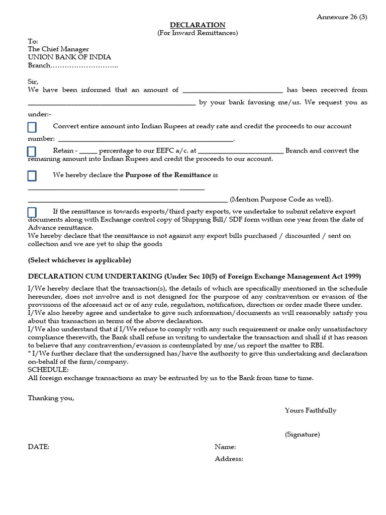 Declaration For Inward Remittance | PDF | Justice | Crime & Violence