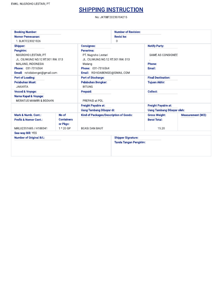 Shipping Instruction Jakarta - Bitung | PDF