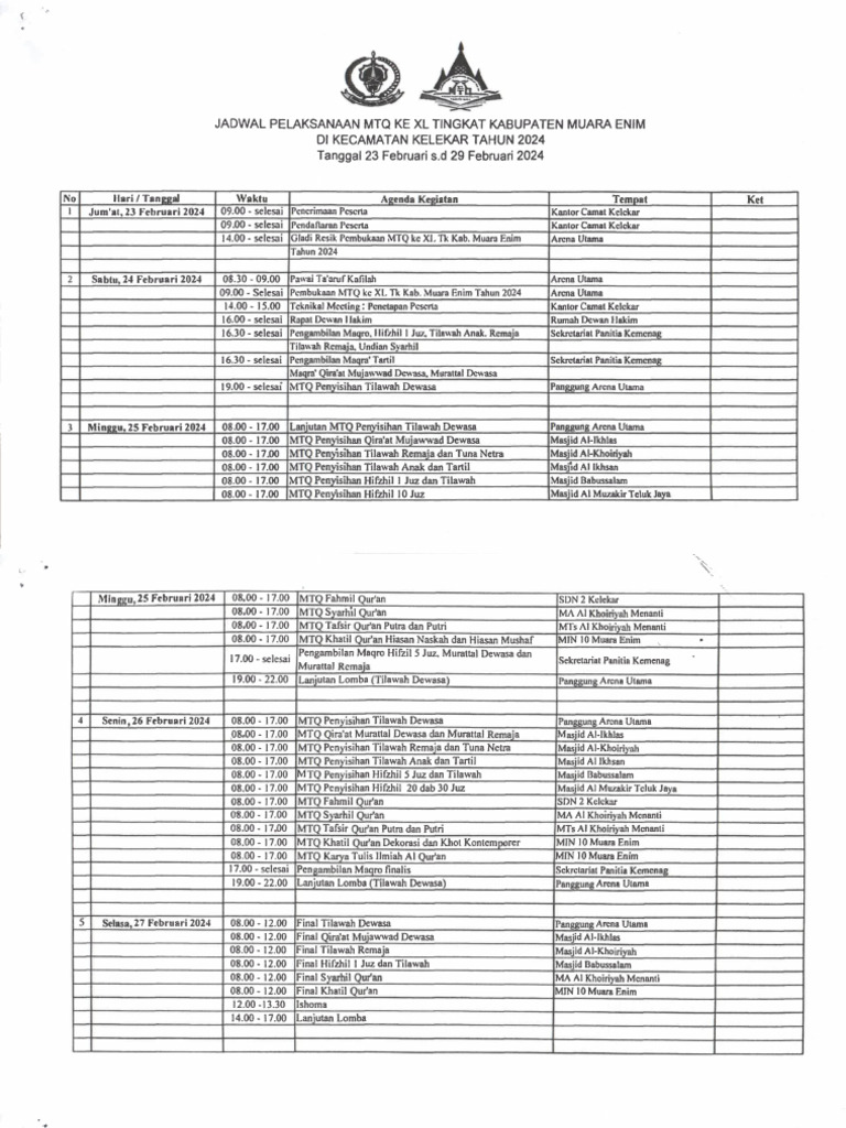 Jadwal Pelaksanaan MTQ Ke-40 Tahun 2024 | PDF