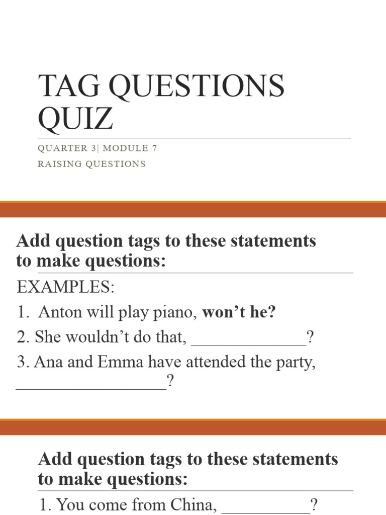 Tag Questions Quiz and Exercises | PDF | Language Arts & Discipline
