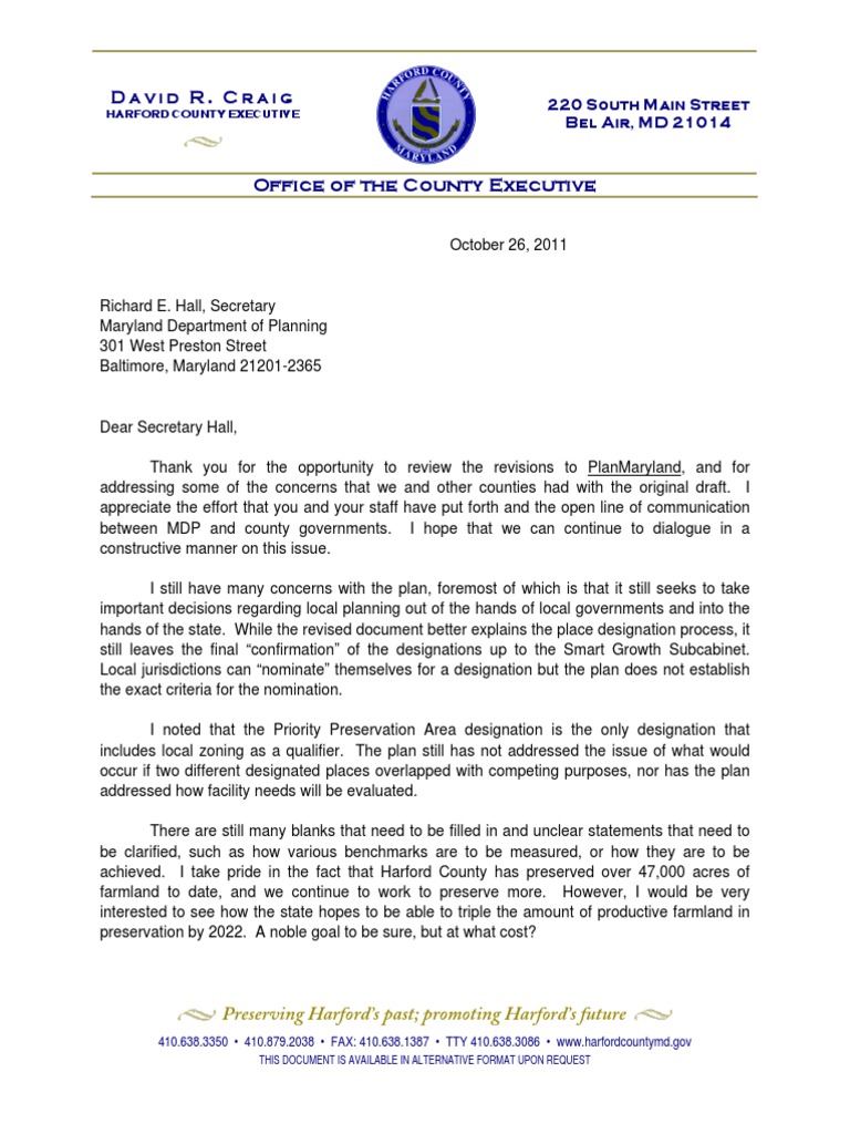 Harford County 10 26 11 Letter To MDP About Plan Maryland | PDF ...