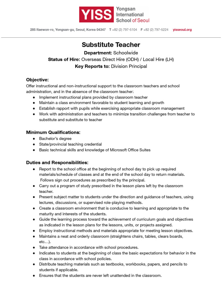 YISS Substitute Teacher JD | PDF | Teachers | Lesson Plan