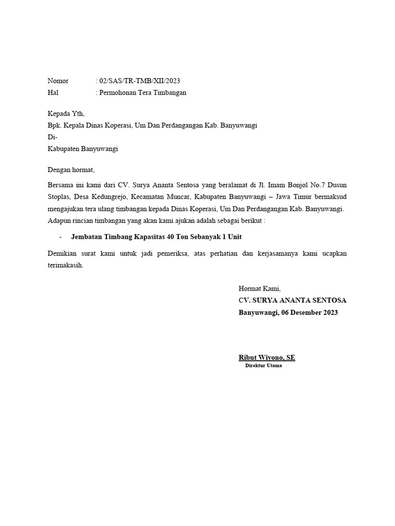 Surat Permohonan Tera - SAS | PDF