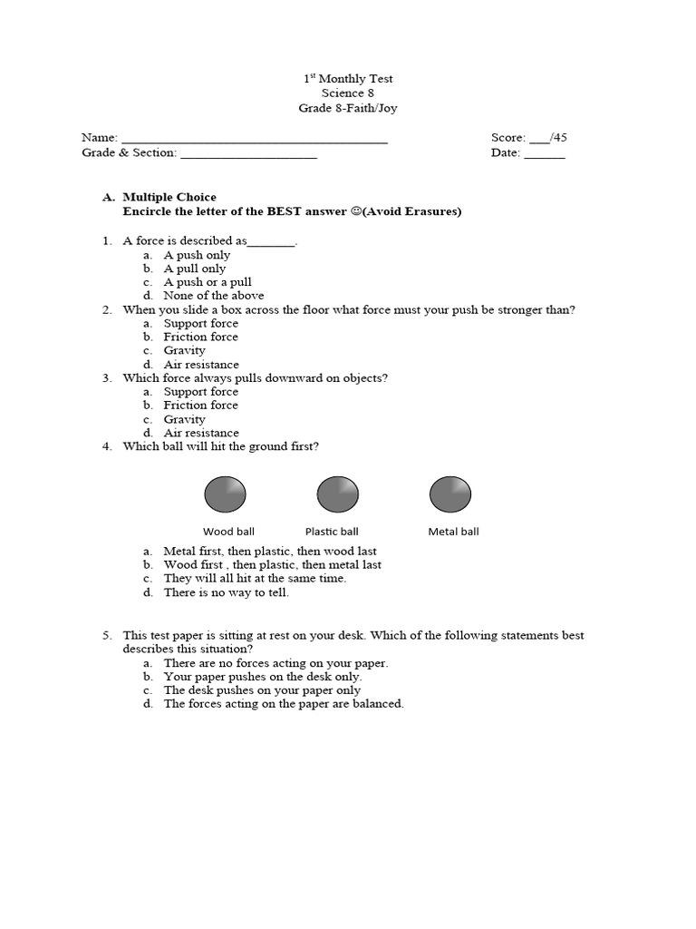1st Monthly Test Science 8 | PDF | Force | Mass