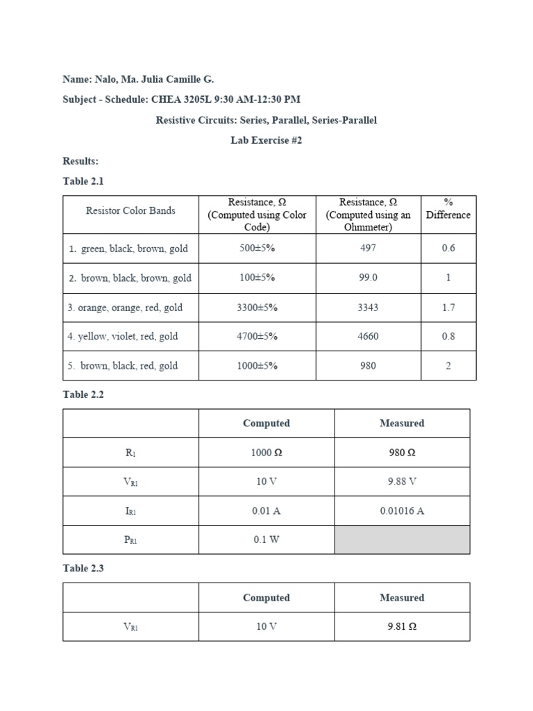 CHEA 3205L - Lab Exercise 2 | PDF | Electromagnetism | Quantity