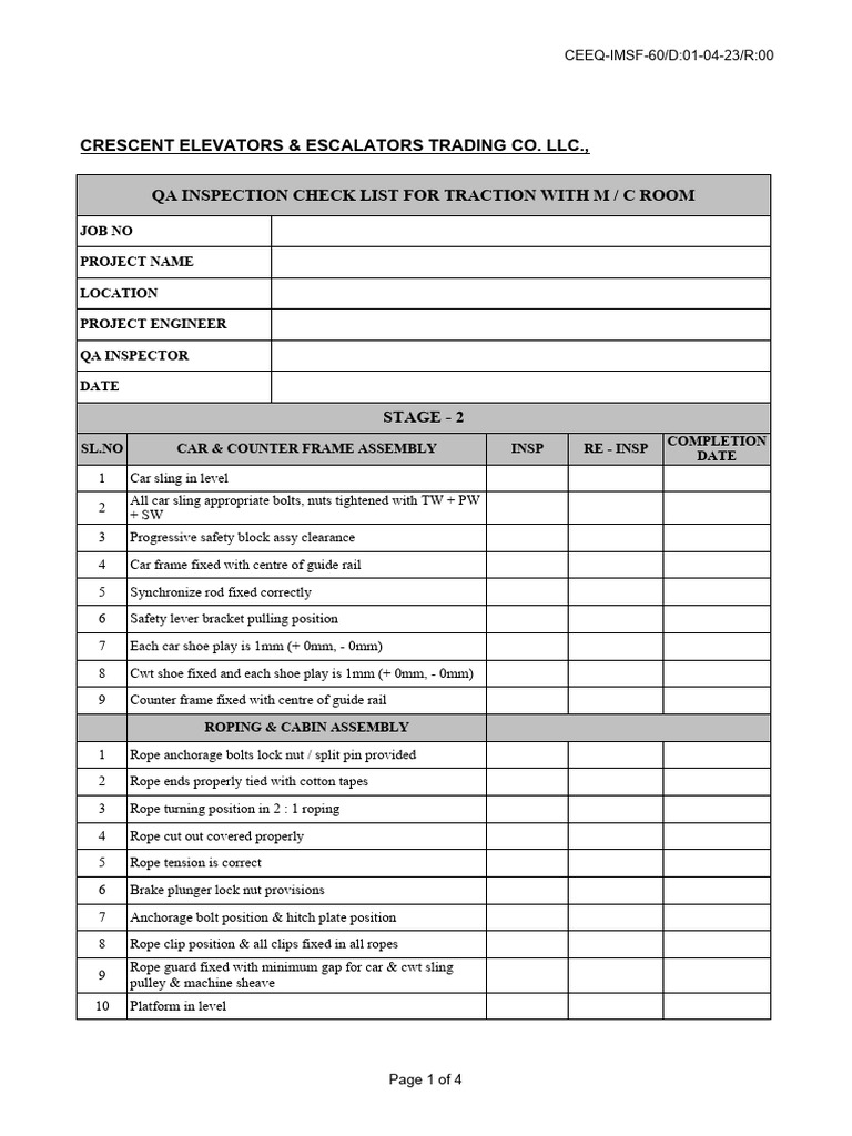CEEQ-IMSF-60 QA & QC Stage - 2 Checklist For Traction With Machine Room ... CEEQ-IMSF-60 QA & QC Stage - 2 Checklist For Traction With Machine Room ...