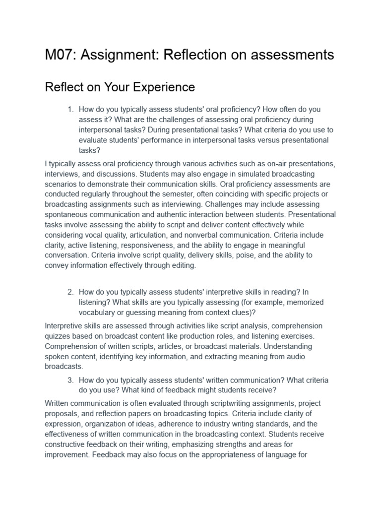 Educ 211 m07 Assignment Reflection On Assessments | PDF | Communication | Educational Assessment