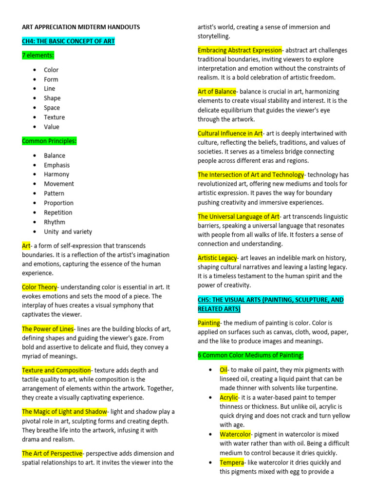 Art Appreciation Midterm Handouts | PDF | Drawing | Film Speed