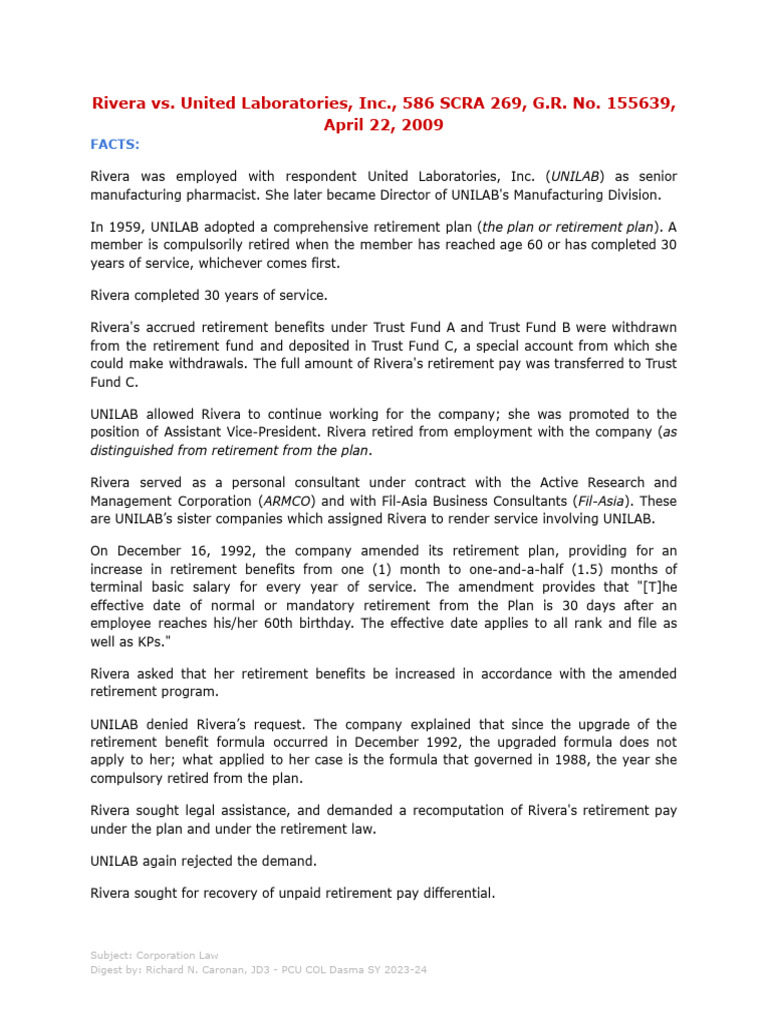 Rivera vs. UNILAB 586 SCRA 269 - by - R. CARONAN | PDF | Arbitration | Employment