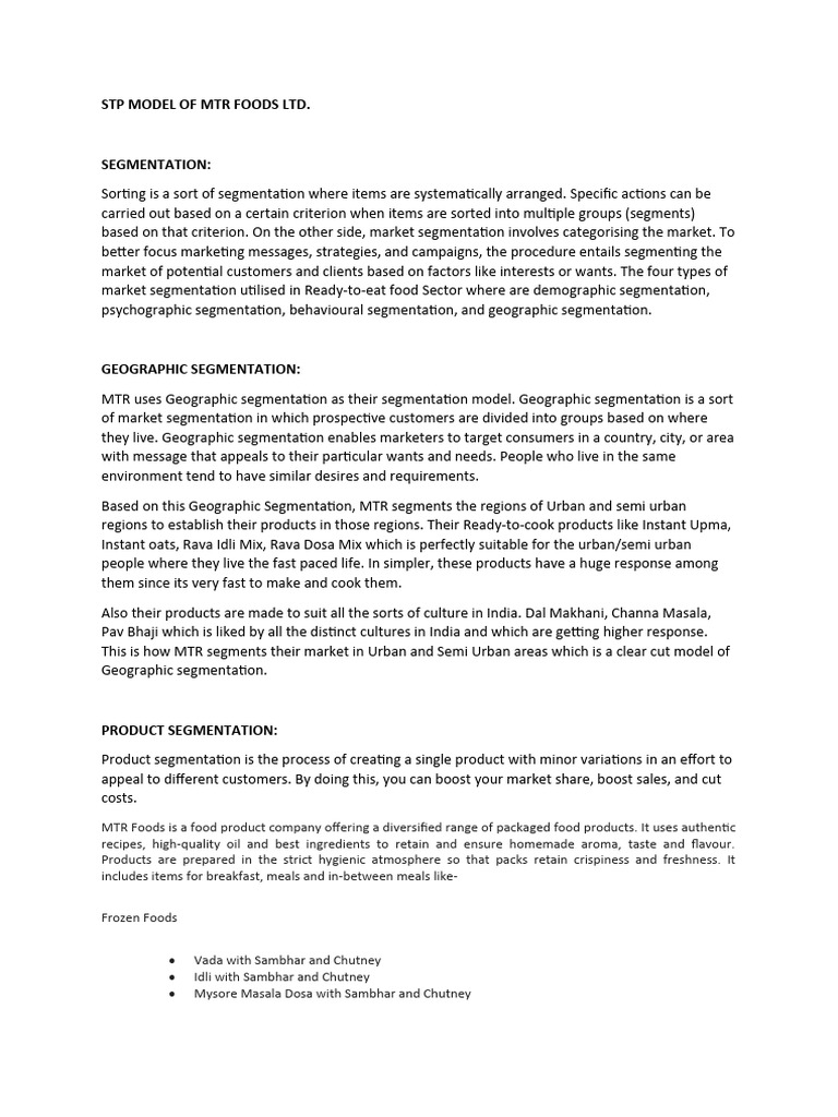 STP Model of MTR Foods LTD | PDF | Market Segmentation | Marketing