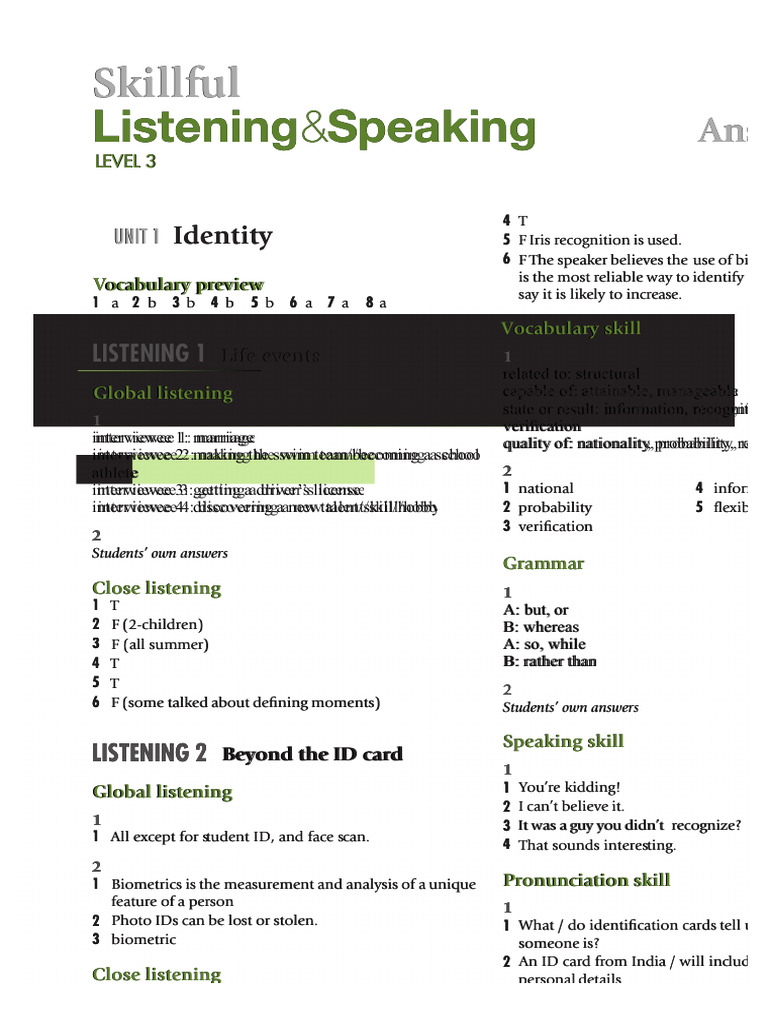 Skillful Listening and Speaking 3 Guide | PDF | Identity Document ...