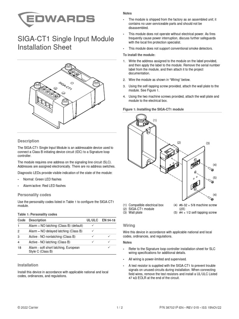 387021P-EN R015 SIGA-CT1 Single Input Module Installation Sheet | PDF