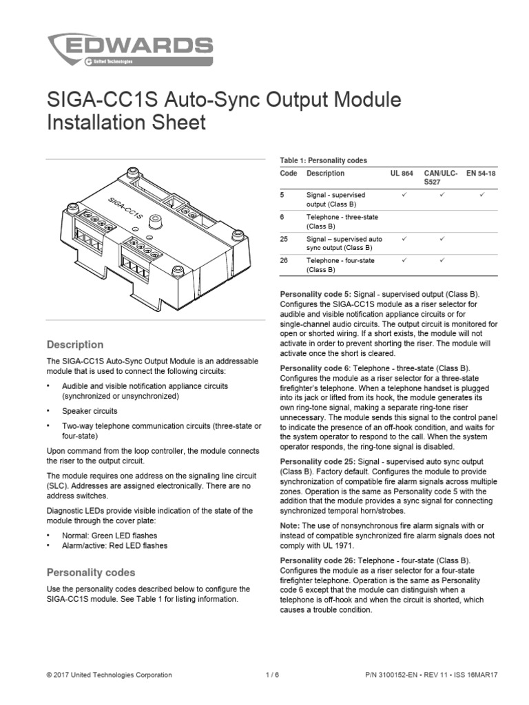 3100152-EN R11 SIGA-CC1S Auto-Sync Output Module Installation Sheet | PDF | Electrical Wiring ...