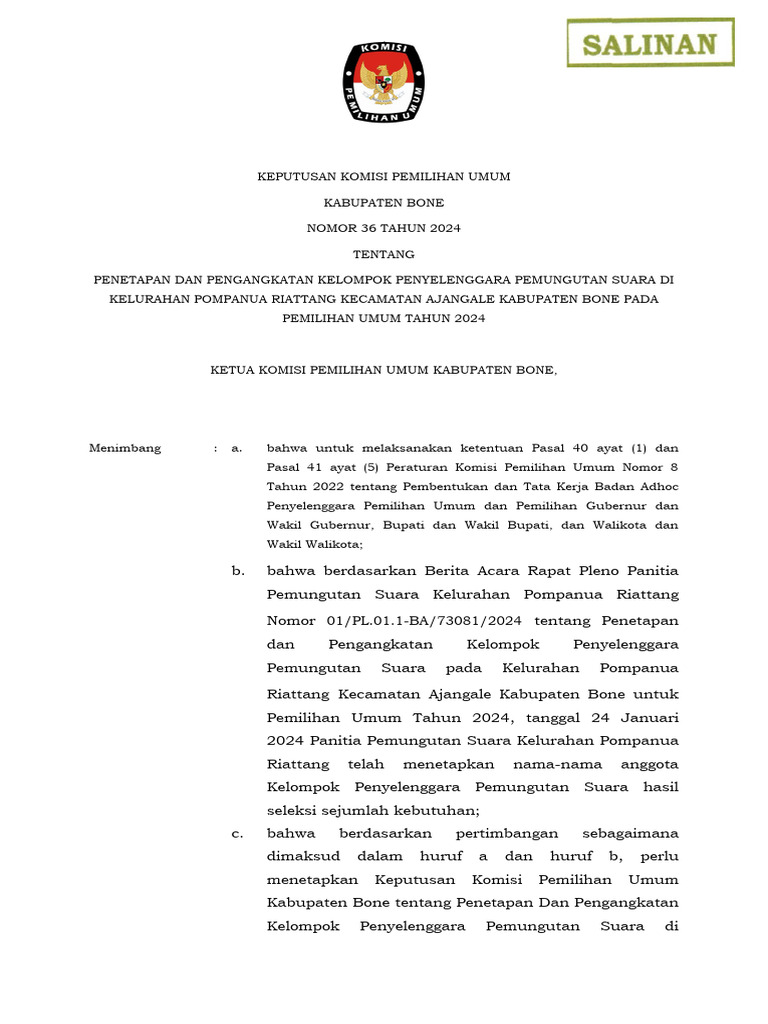 SALINAN - FORMAT KEPUTUSAN PENGANGKATAN KPPS V - 2 | PDF