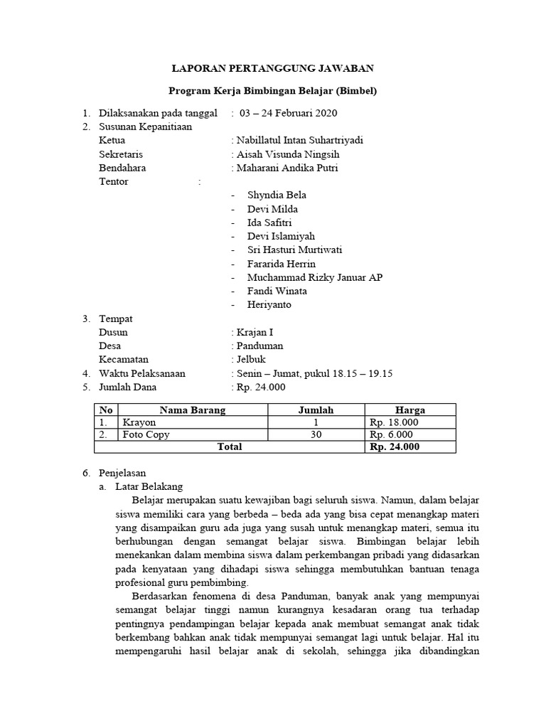 Laporan Pertanggung Jawaban Bimbel | PDF | Karier & Perkembangan