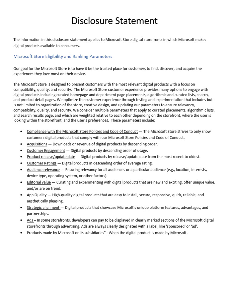 Microsoft Store Platform To Business Disclosure Statement - V - 1 - 3 ...
