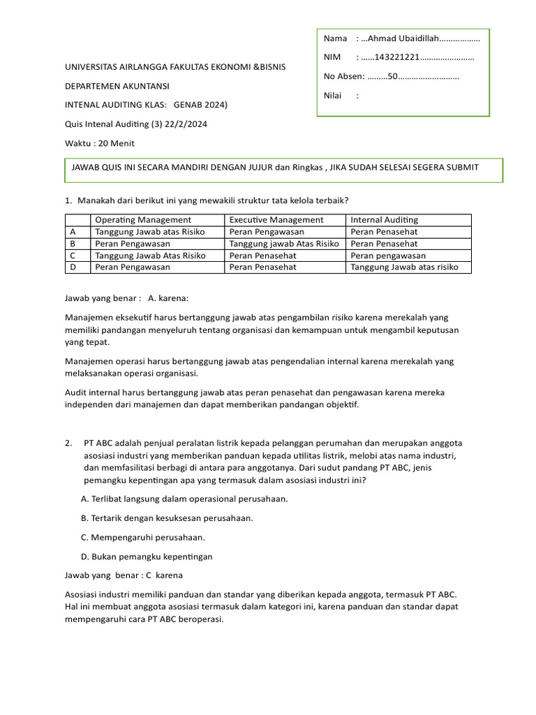 Ahmad Ubaidillah - Quis Week 3 IA TM 3 CH 3 Governance | PDF | Bisnis | Pengelolaan Keuangan & Uang
