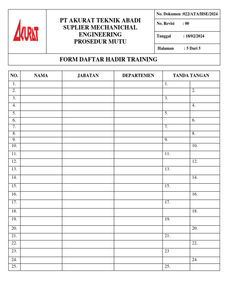 Form Daftar Hadir Training 2024 | PDF