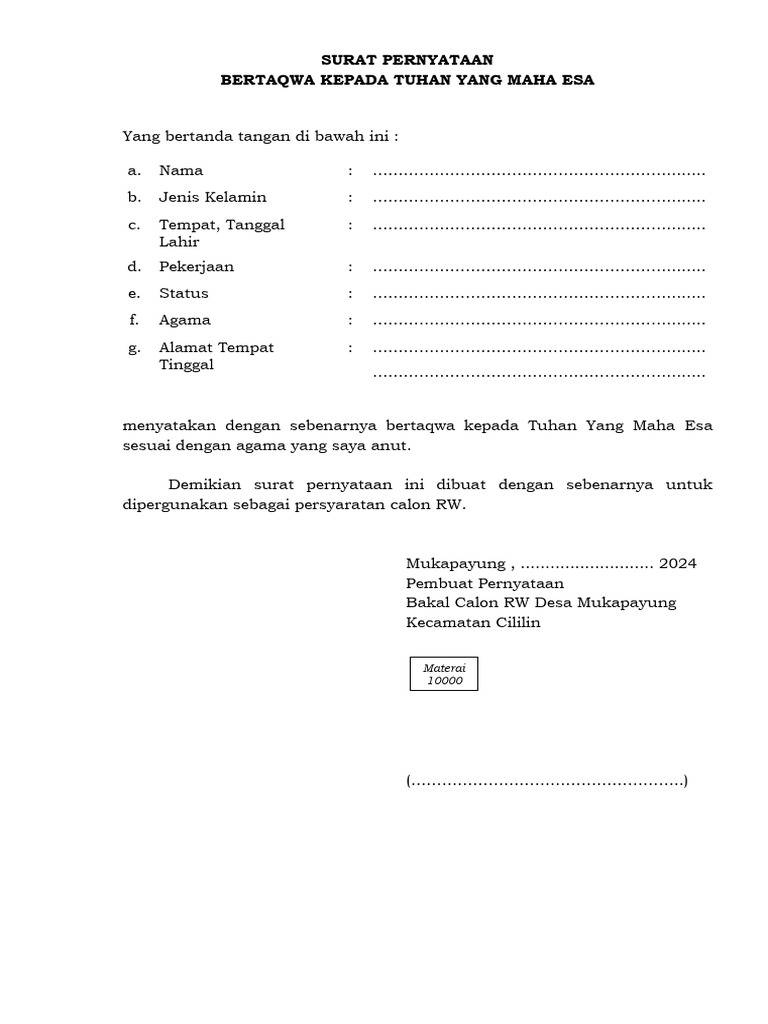 Surat Pernyataan Calon Ketua RW | PDF Surat Pernyataan Calon Ketua RW | PDF