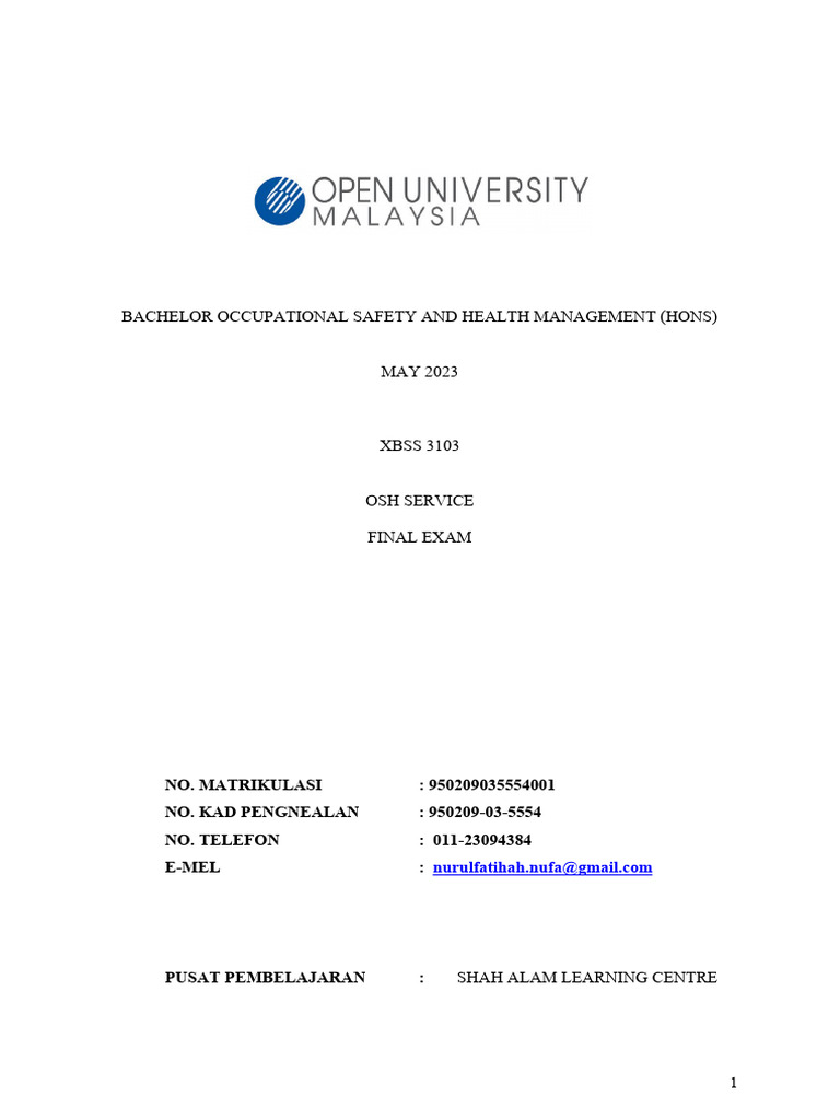 Final Exam - Nurul (BOSHM) XBSS3103-OSH Services | PDF