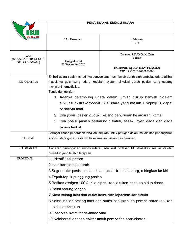 Prosedur Penanganan Emboli Udara | PDF