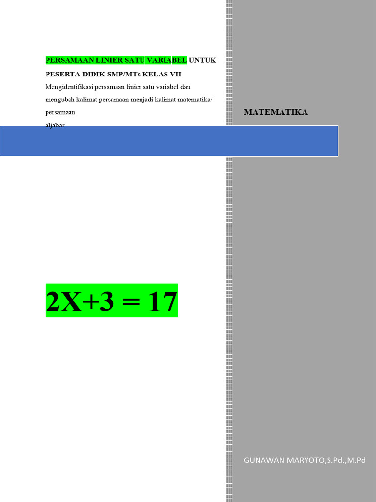 Modul Ajar Matematika - Persamaan Linier Satu Variabel 1 - Fase D | PDF