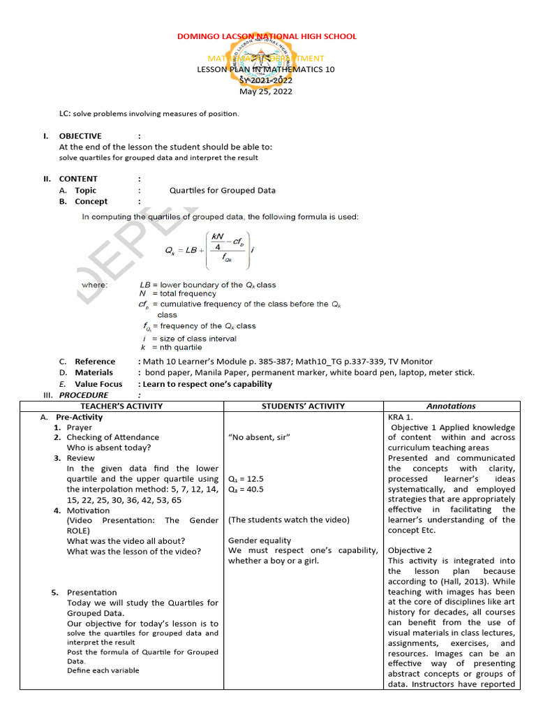 Lesson Plan Quartiles For Grouped Data 2021 | PDF | Learning | Lesson Plan