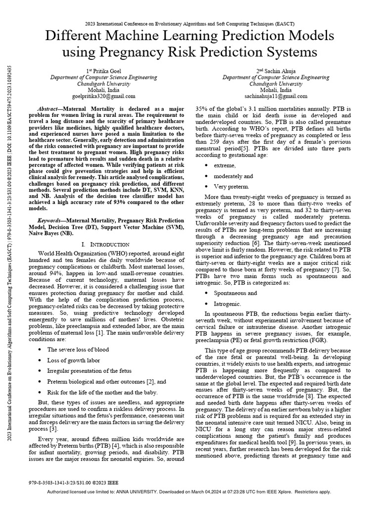 Different Machine Learning Prediction Models Using Pregnancy Risk ... Different Machine Learning Prediction Models Using Pregnancy Risk ...