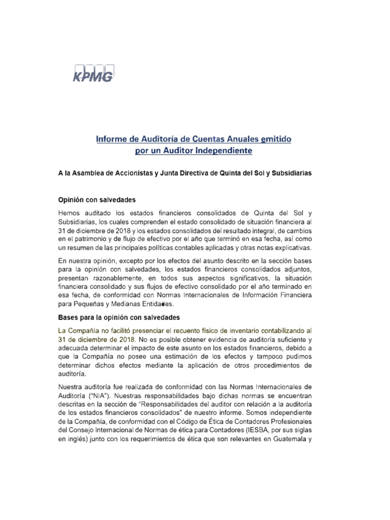 Ejemplo #07 Dictamen NIA 501 Opinion Con Salvedades | PDF | Auditoría | Contralor
