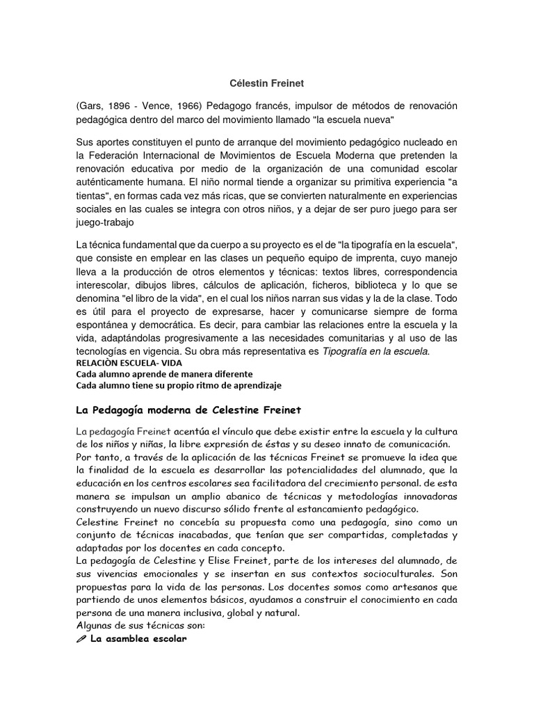 Pedagogìa de Célestin Freinet | PDF | Enseñando