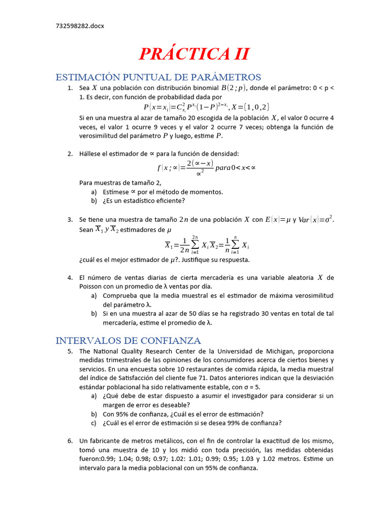 Estadística II - PRÁCTICA II - Estimación Puntual de Parámetros | PDF | Teoría estadística ...