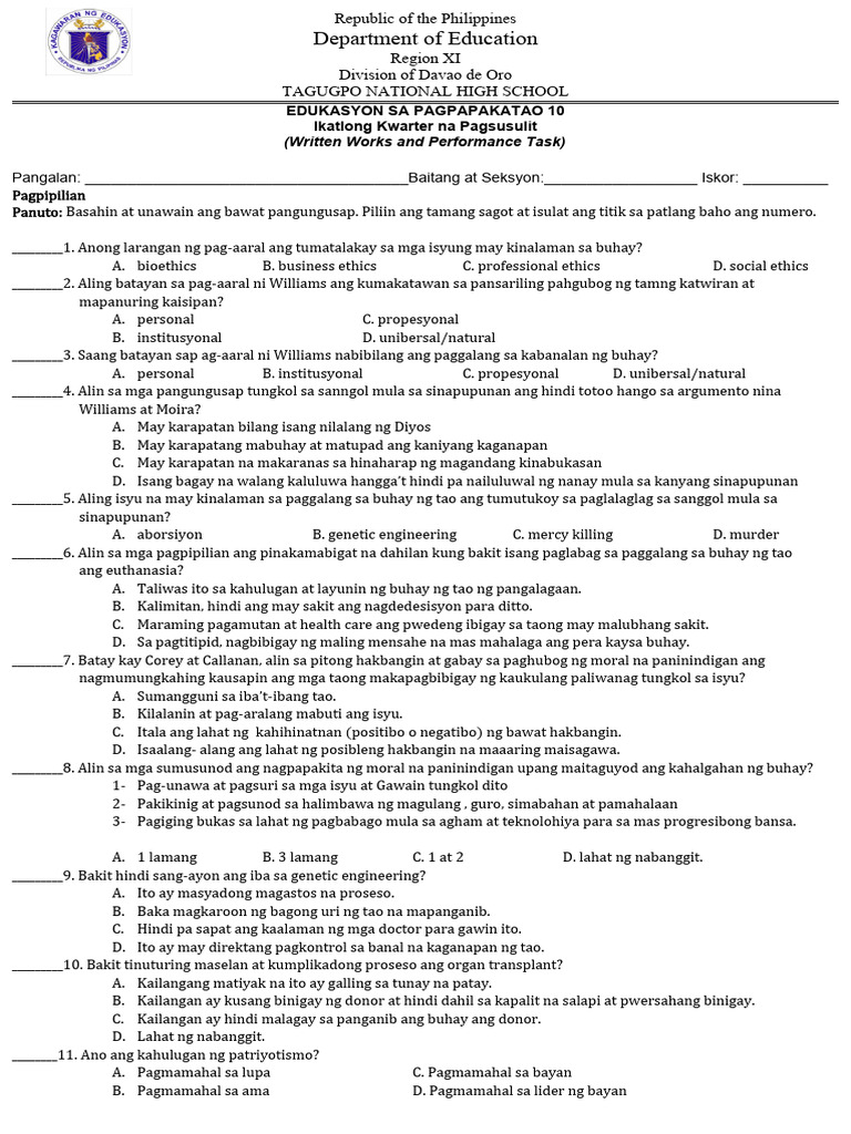 ESP 10 - 3rd Periodical Test | PDF