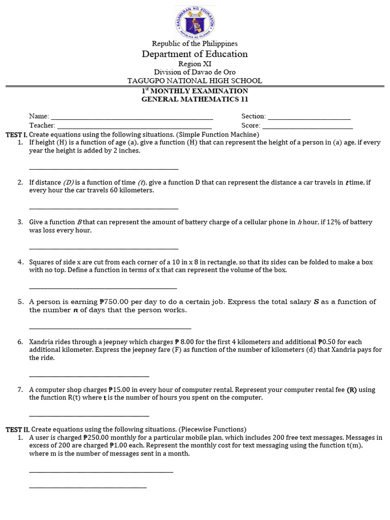 Gen. Math 1st Monthly Exam-2022 | PDF | Fee | Function (Mathematics)