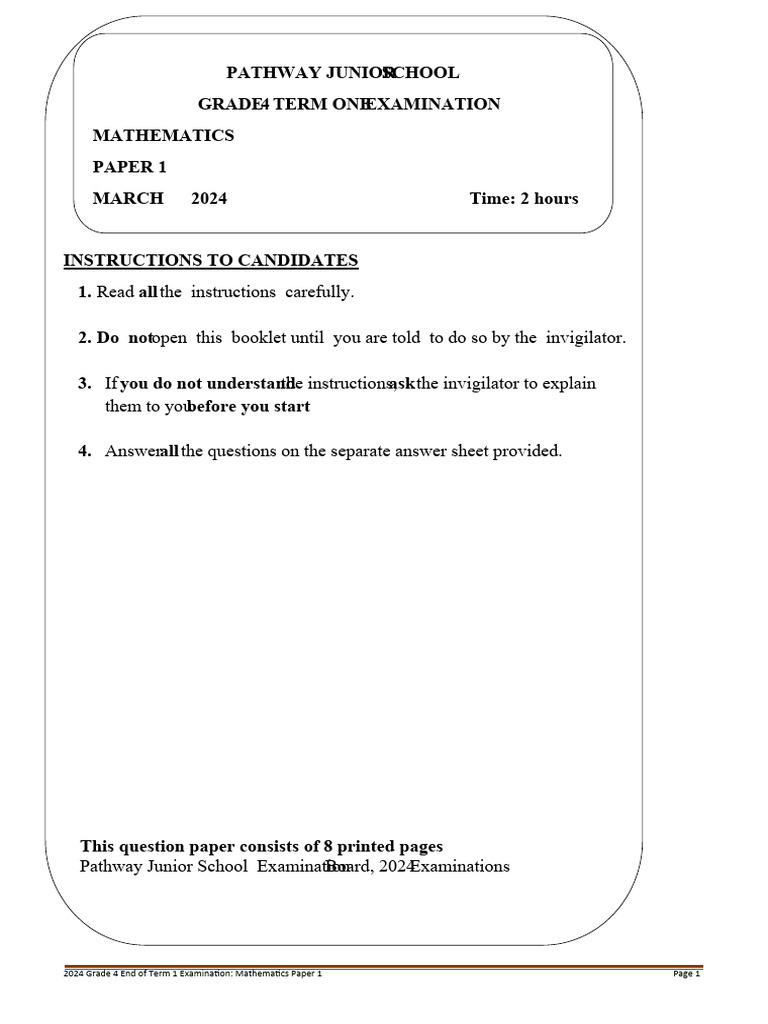 GRADE 4 MATHS PAPER 1 Pathway NP | PDF | Science | Mathematics