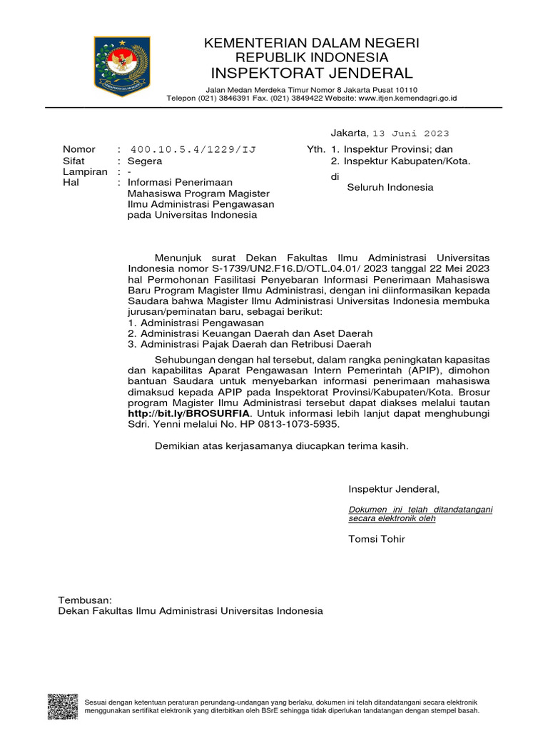 Surat - Informasi Penerimaah Mahasiswa Ui | PDF