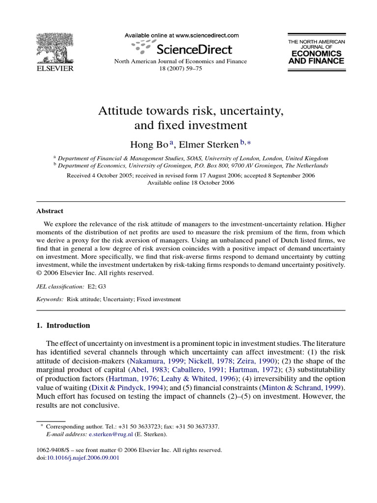 Attitude Towards Risk, Uncertainty, and Xed Investment | Download Free ...