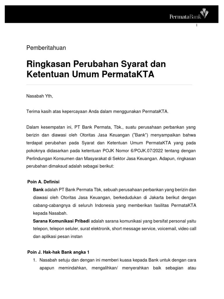 Ringkasan Perubahan Syarat Dan Ketentuan Umum PermataKTA - 0 | PDF