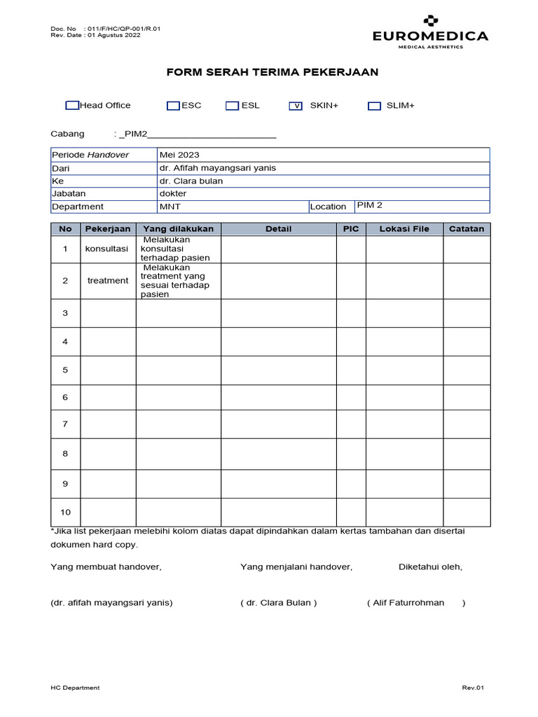 011 - F - HC - QP-001 - R.01 - Form Serah Terima Pekerjaan | PDF