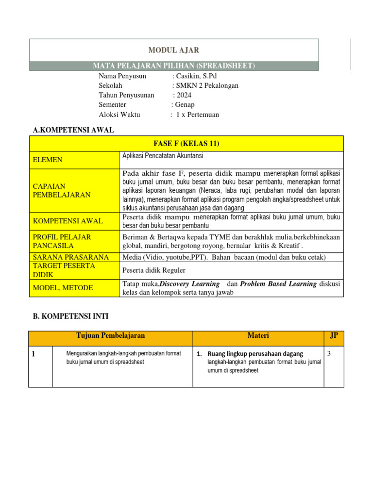 Modul Ajar Spreadsheet Akl Kelas 11 | PDF