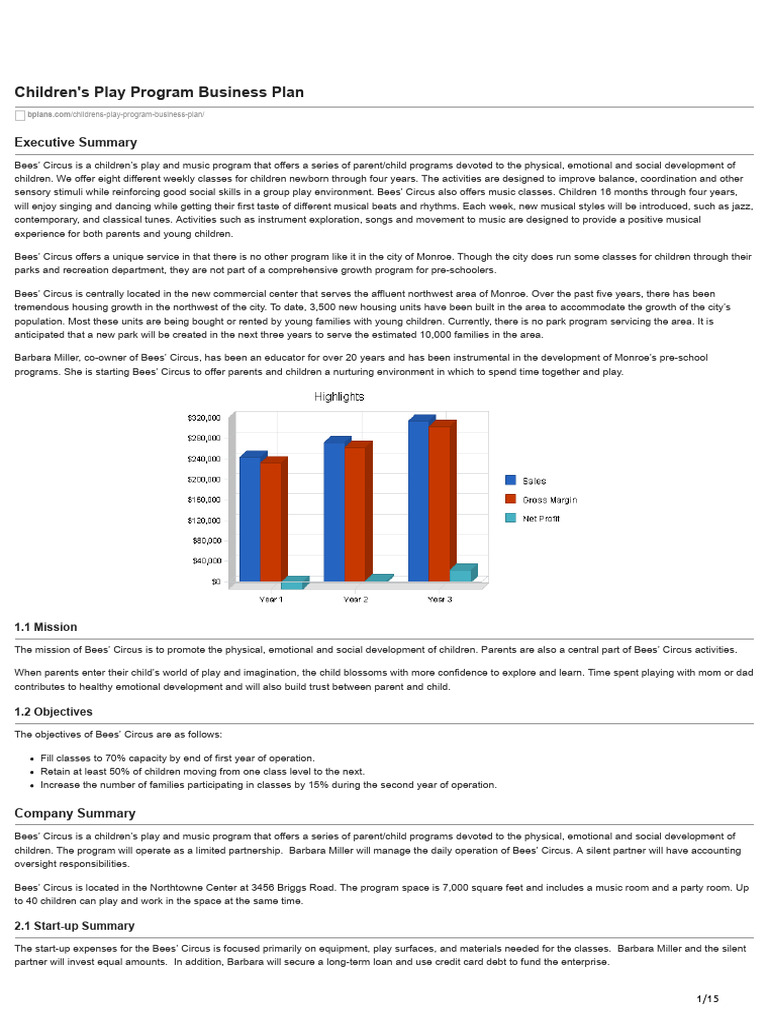 Childrens Play Program Business Plan | PDF | Balance Sheet | Gross Margin
