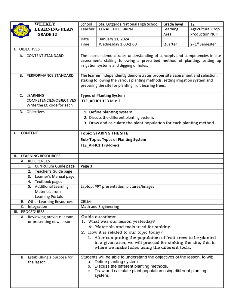 Grade 12 Agricultural Crop Production Plan | PDF | Learning | Behavior ...