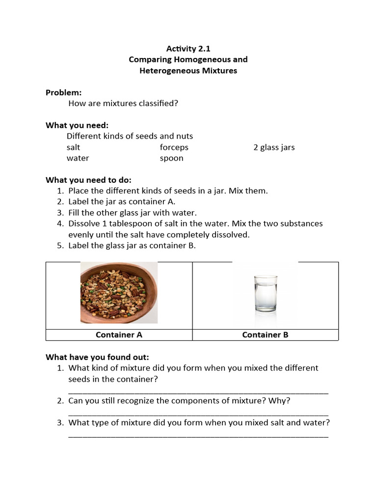 Activity 2.1 and 2.2 (Teacher Copy) | PDF | Mixture | Chemical Substances