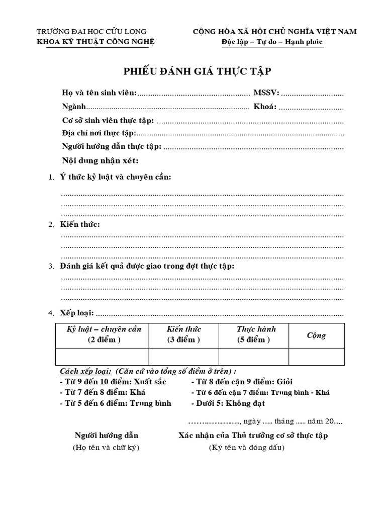 Phieu Danh Gia Thuc Tap | PDF